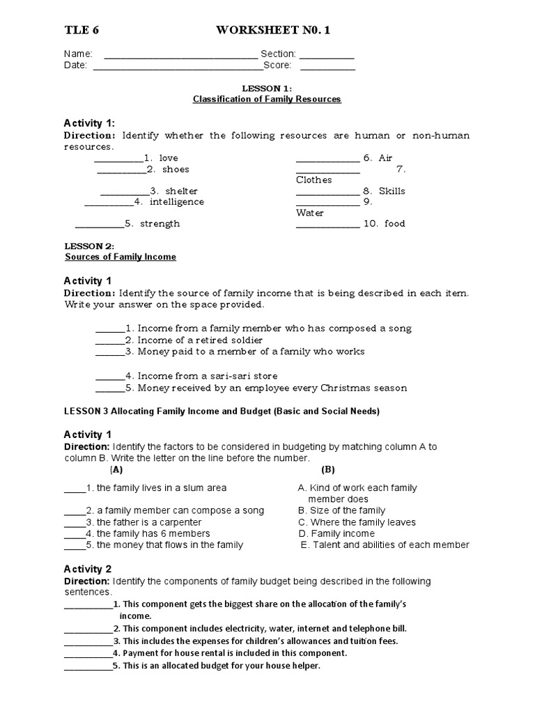 Tle 6 Worksheet N0. 1: Activity 1 | PDF | Income | Economies