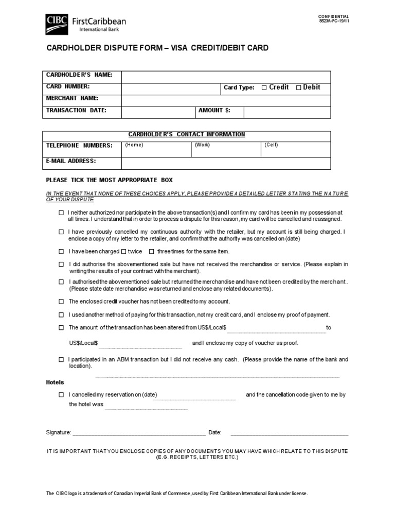 Cardholder Dispute Form - Visa Credit/Debit Card | PDF | Financial ...