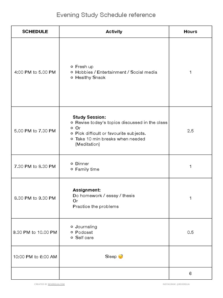 Evening Study Schedule Template Printable by Reverelia Nov21 | PDF