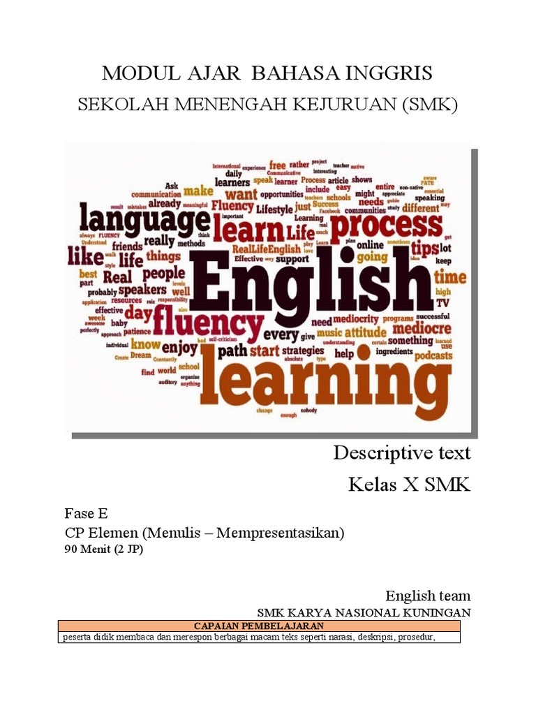 Modul Ajar Bahasa Inggris Class X Descriptive Text - PJBL | PDF | Karier & Perkembangan | Seni ...
