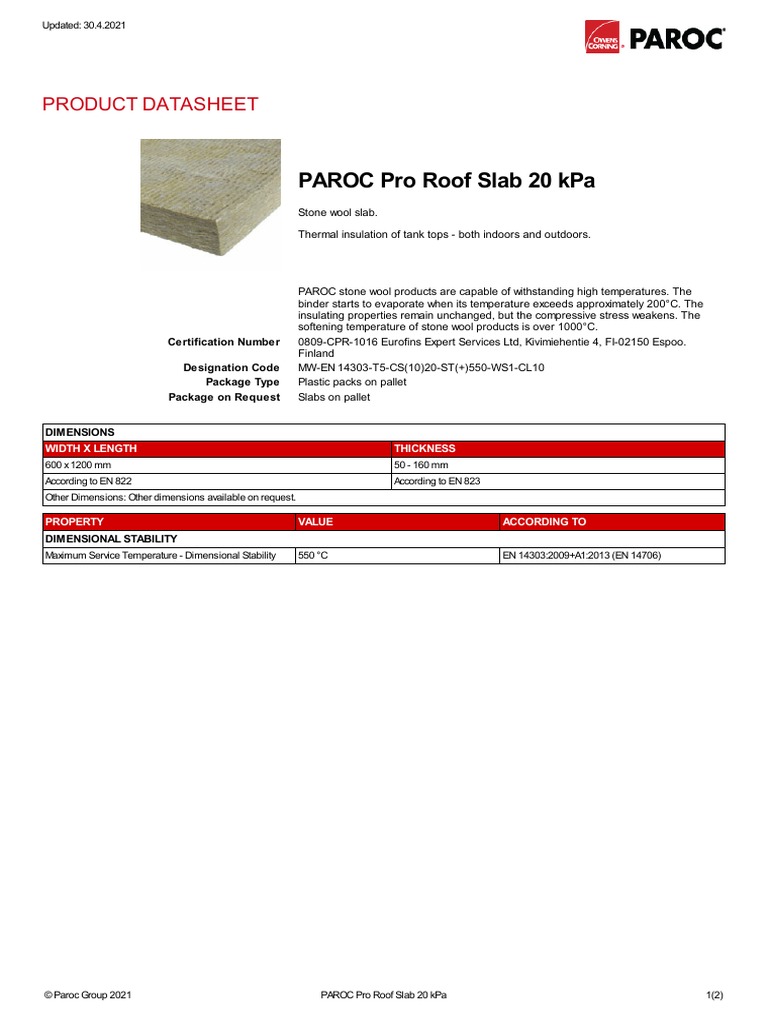 Paroc Pro Roof Slab 20 Kpa: Product Datasheet | PDF | Thermal ...