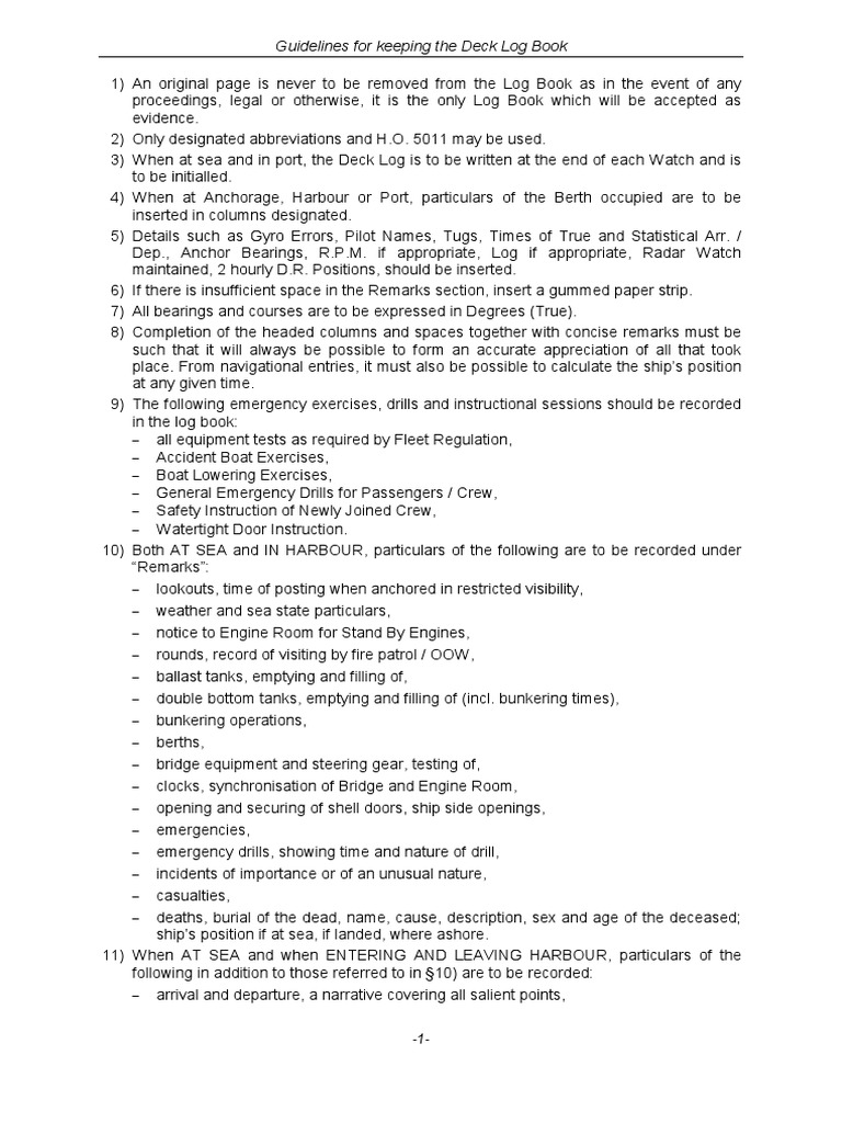 Guidelines For Keeping The Deck Log Book | PDF | Water Transport | Ships