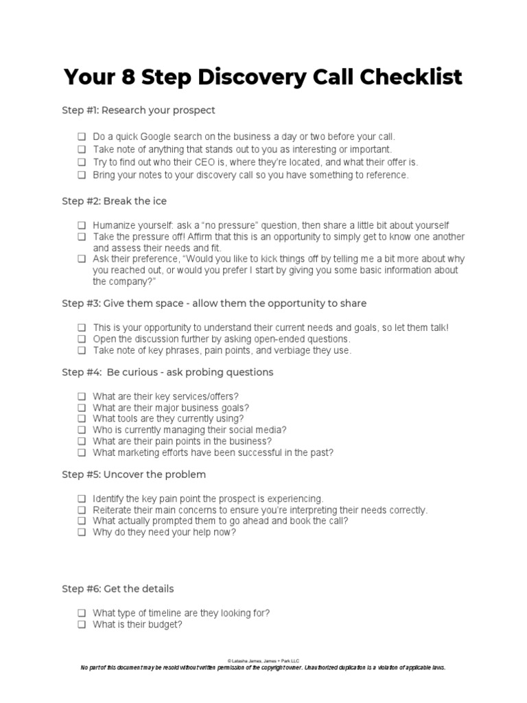 Your 8 Step Discovery Call Checklist: © Latasha James, James + Park LLC | PDF | Communication