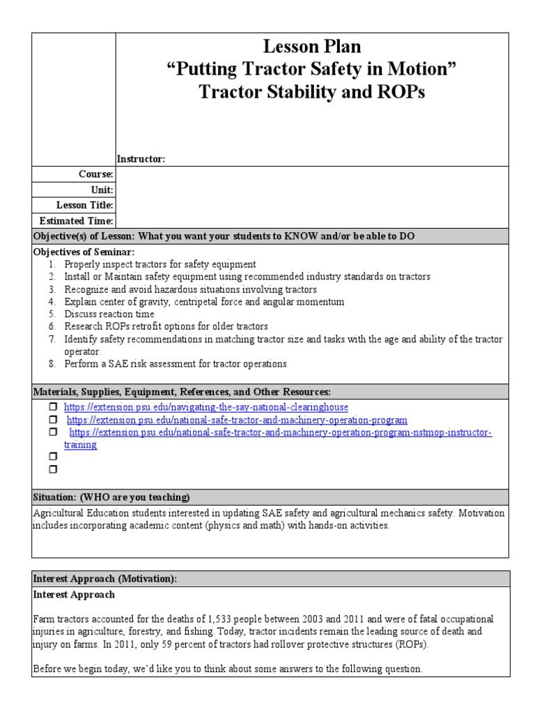 Tractor Safety Lesson Plan Overview | PDF | Cognition