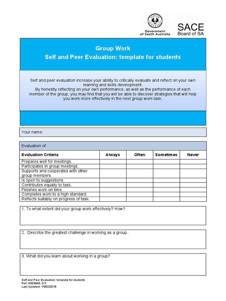 Self and Peer Evaluation Template For Students | PDF