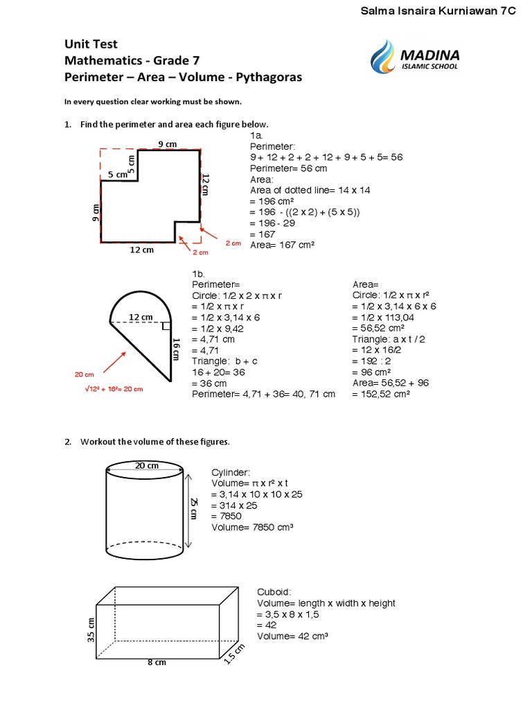 Grade 7 Perimeter, Area, Volume Test | PDF | Area | Geometric Measurement