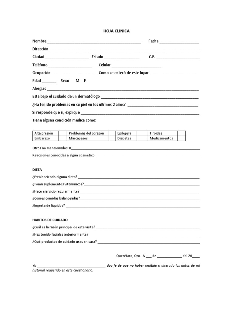 Formato HOJA CLINICA | PDF | Medicina CLINICA | Especialidades Medicas
