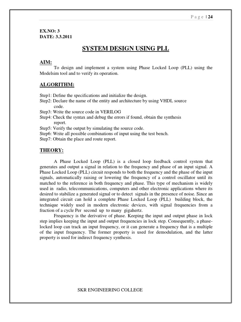 System Design Using PLL: EX - NO: 3 DATE: 3.3.2011 | PDF | Electronic ...