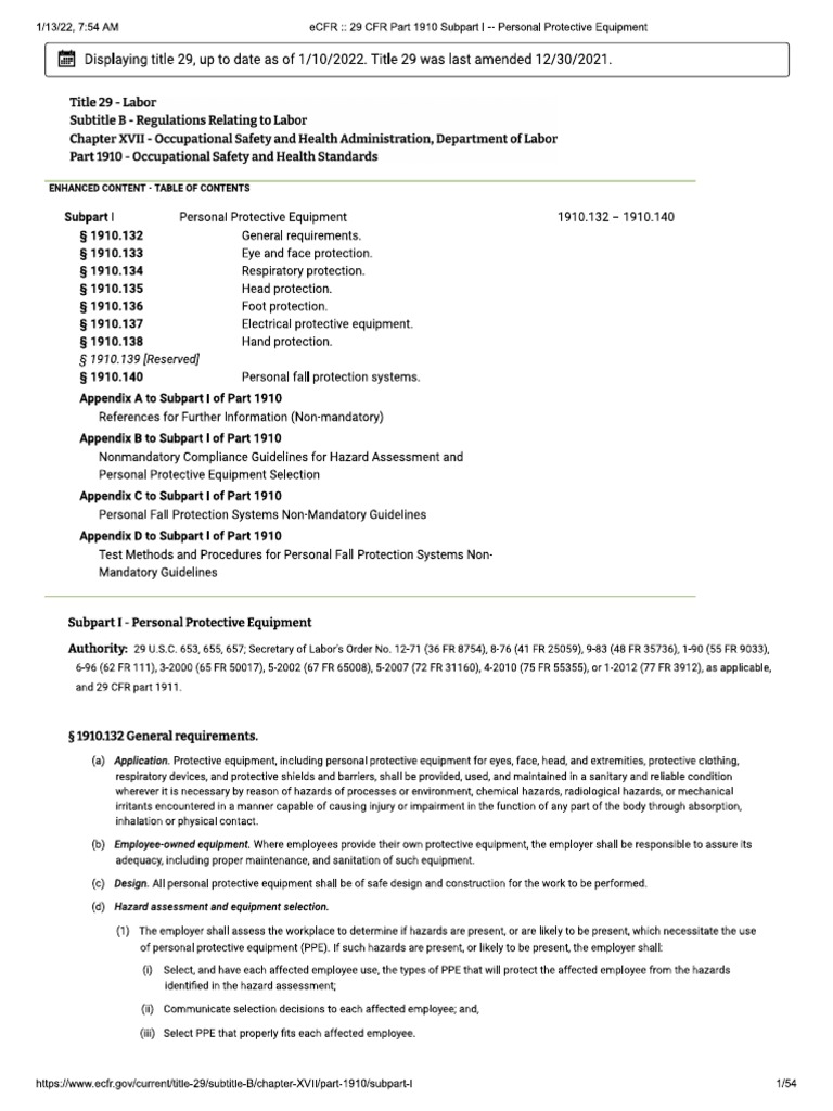 CFR 29 Part 1910 Subpart I - Personal Protective Equipment | PDF