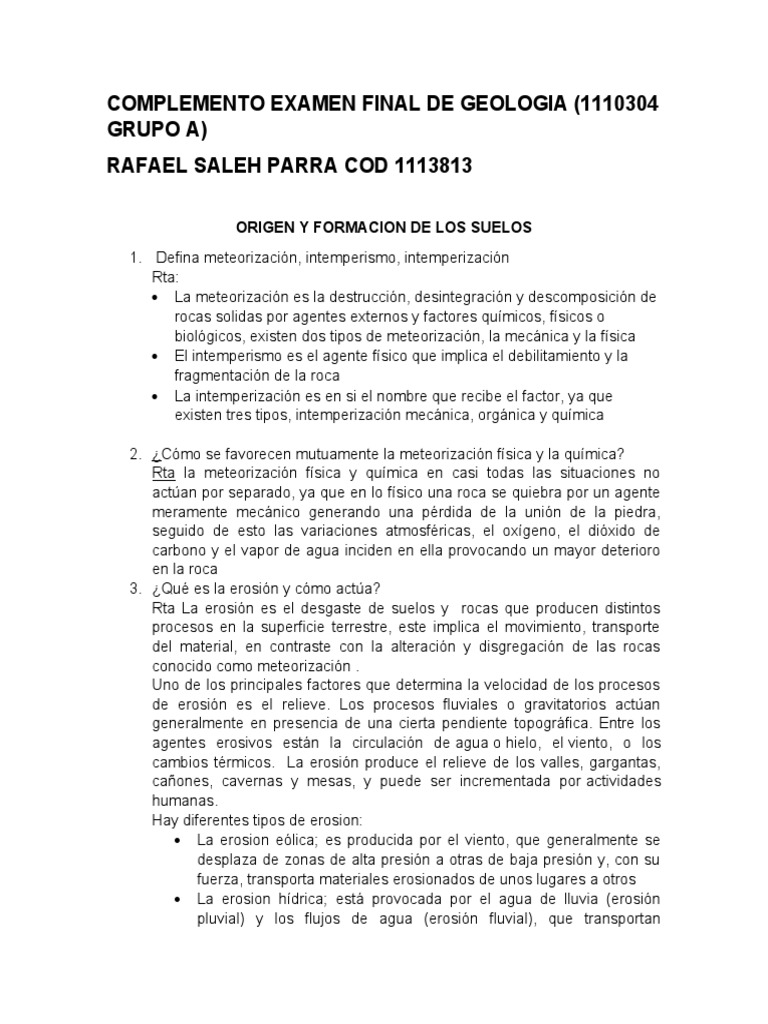 Complemento Examen Final de Geologia | PDF | Meteorización | Erosión