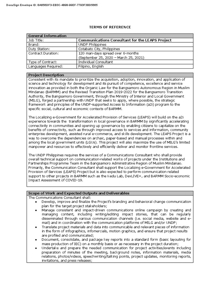 Signed - FINAL TOR LEAPS Comms Consultant As of 15 Sept 2020 | PDF ...