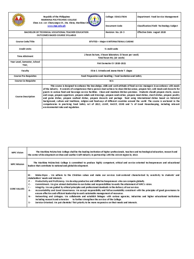 International Cuisine Course Syllabus | PDF | Foods | Vocational Education