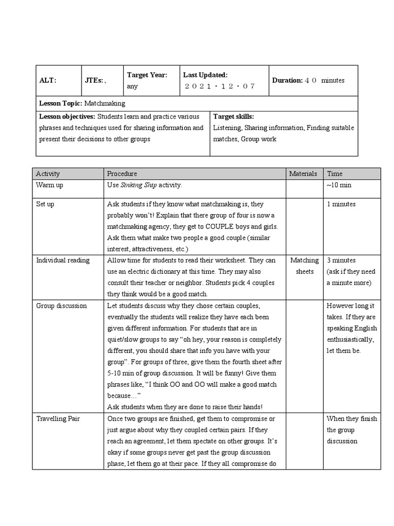 Matchmaking - Lesson Plan Updated | Download Free PDF | Behavior ...
