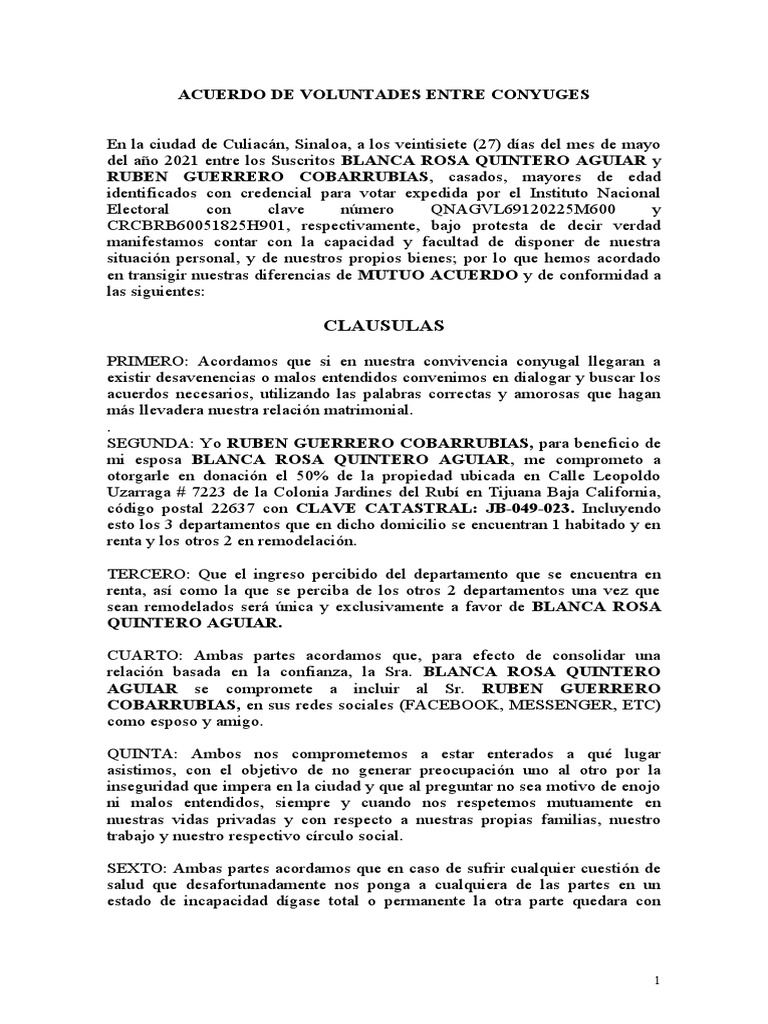 Acuerdo de Voluntades Entre Conyuges. | PDF | Derecho