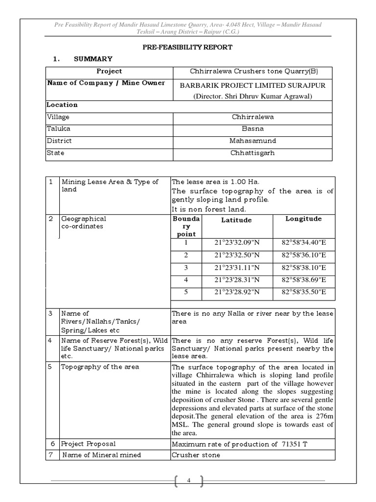Pre-Feasibility Report 1. Project Name of Company / Mine Owner Location ...