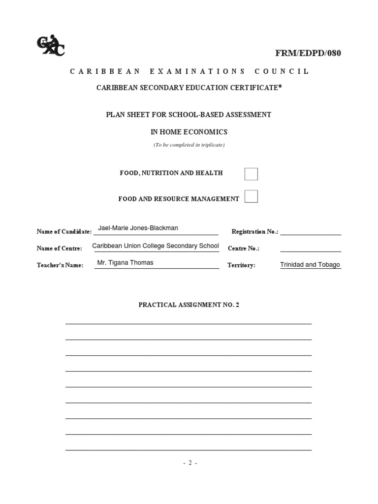 Food and Nutrition Sba 1 Time Plan Jael-Marie Jones-Blackman | PDF ...