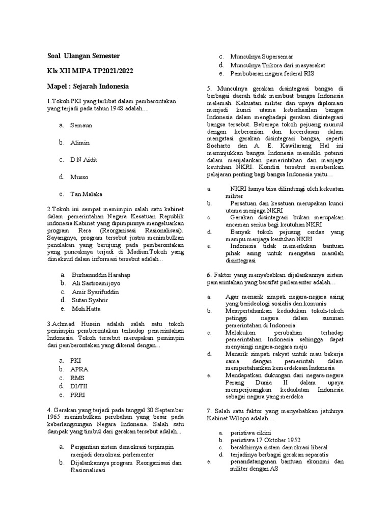 Soal Ulangan Semester Sej Indo | PDF