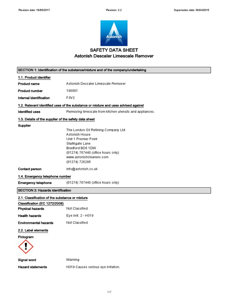 Astonish Descaler Safety Data Sheet | PDF | Toxicity | Chemistry