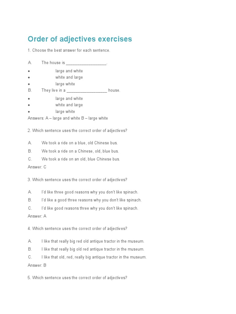 Order of Adjectives Exercises | PDF | Fashion | Clothing