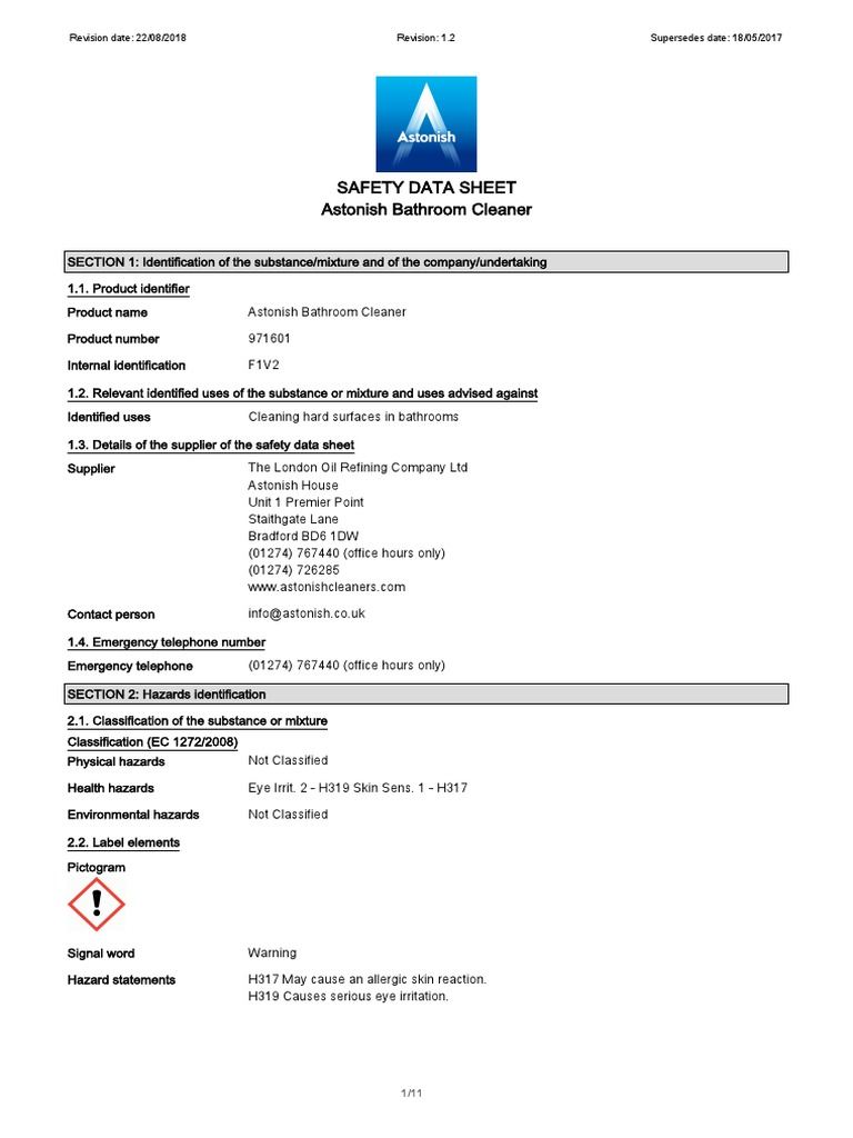 F1V2 Bathroom Cleaner CLP SDS | PDF | Biodegradation | Toxicity