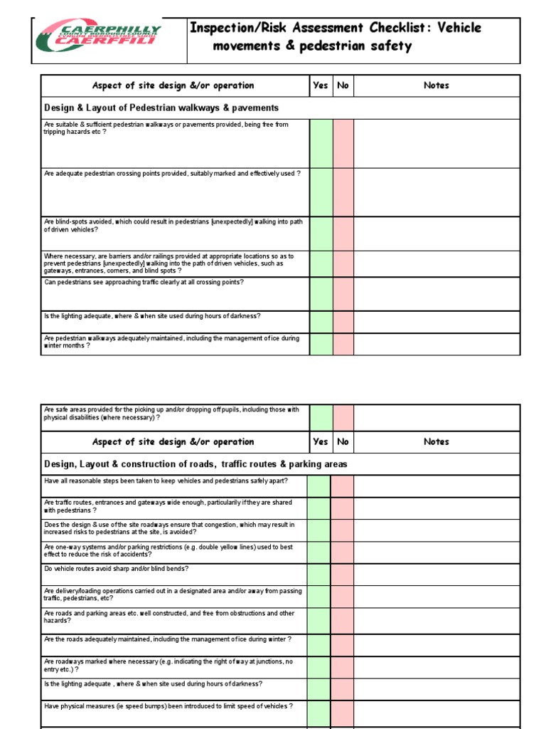 Form - Vehicle-Pedestrian Inspection Checklist | PDF | Traffic | Sidewalk