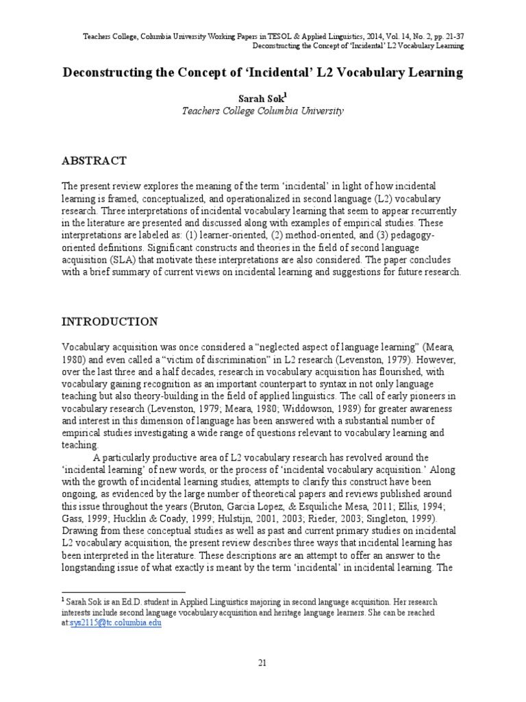 Deconstructing The Concept of Incidental' L2 Vocabulary Learning | Download Free PDF | Second ...