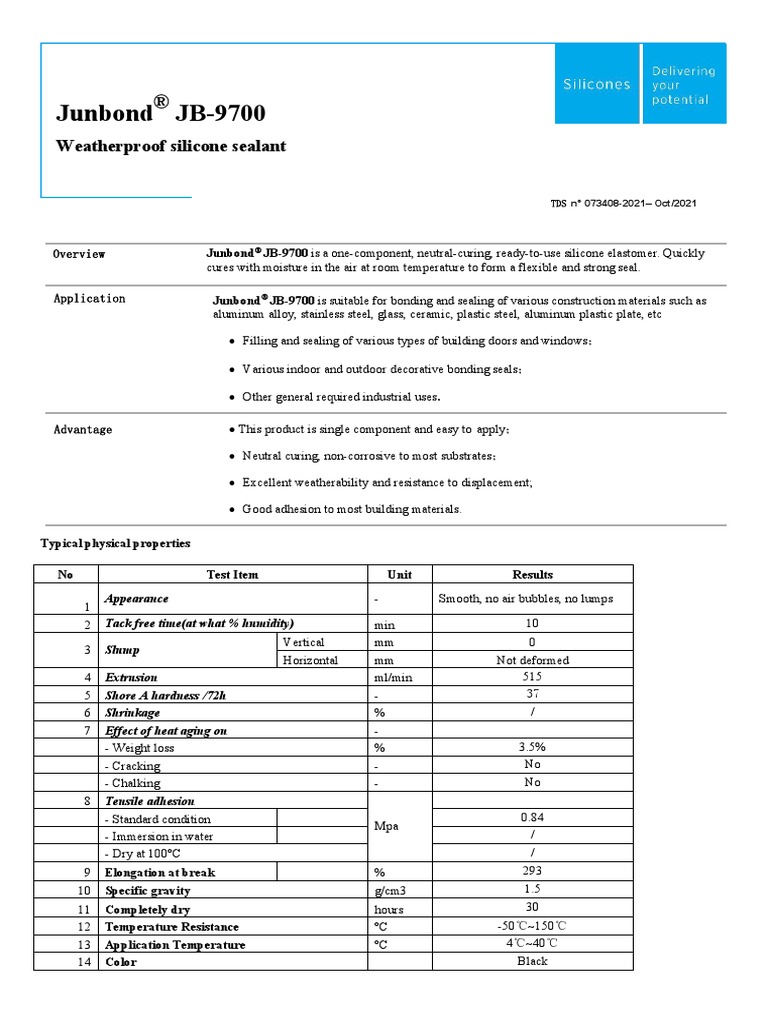 Junbond® JB-9700-TDS | PDF | Silicone | Shelf Life
