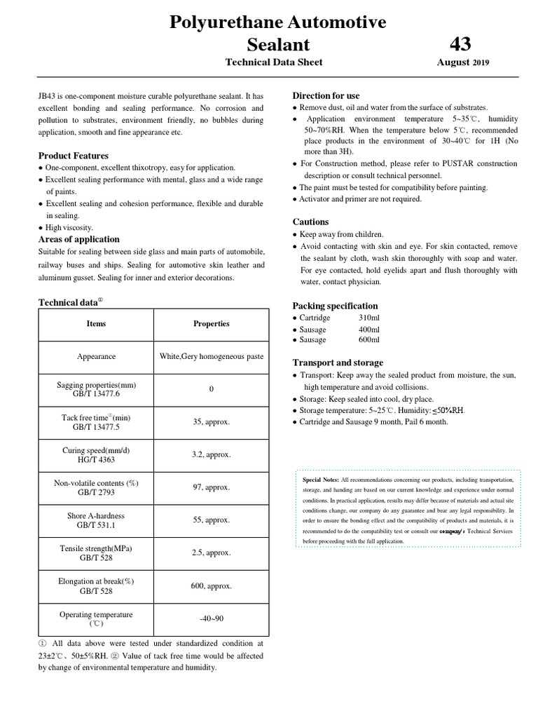 Polyurethane Automotive Sealant: Technical Data Sheet August | PDF | Materials | Chemistry