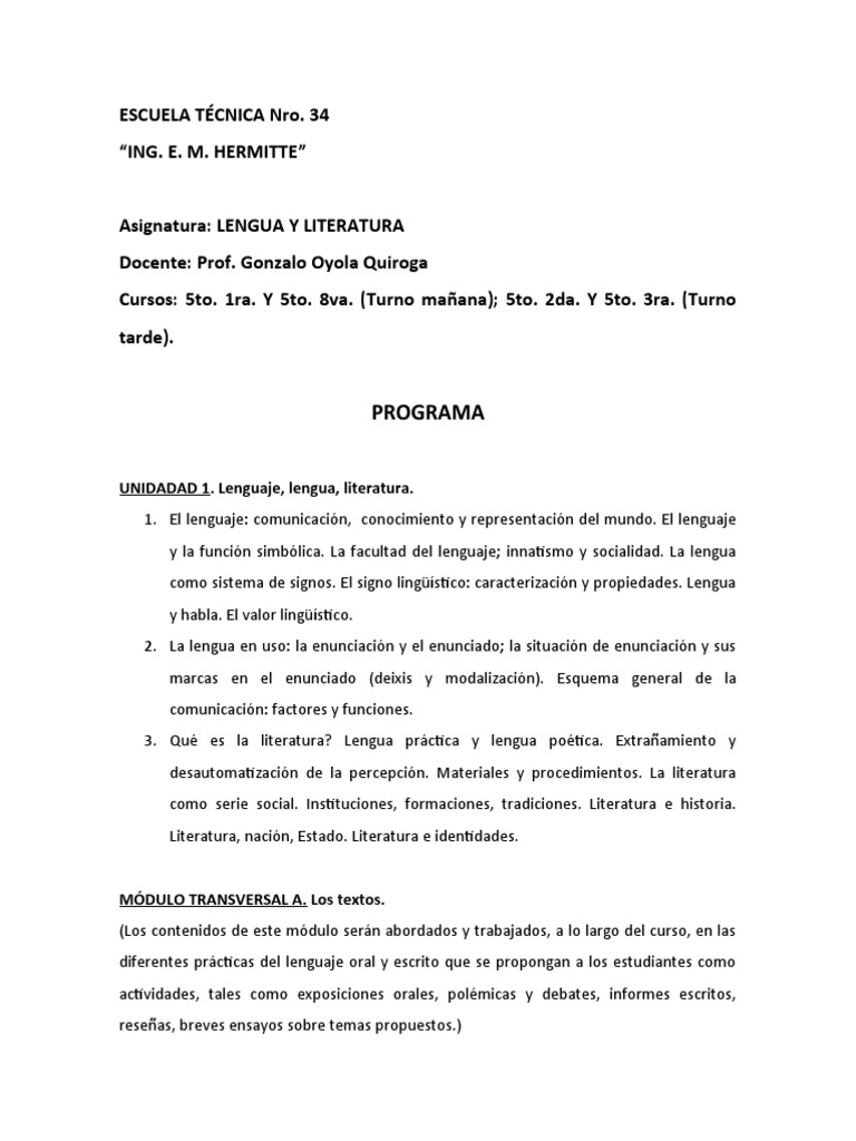 Programa de Lengua y Literatura 5to Año | PDF