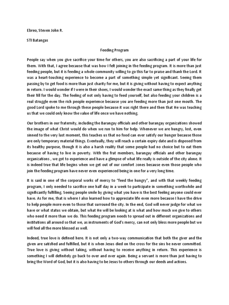Feeding Program Reflection | PDF | Love | Christian Belief And Doctrine