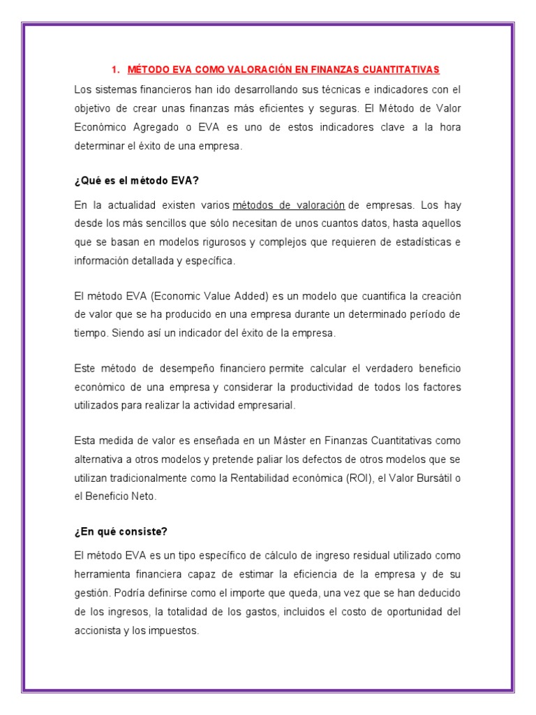 Método Eva Como Valoración en Finanzas Cuantitativas 1 - 2 | PDF ...