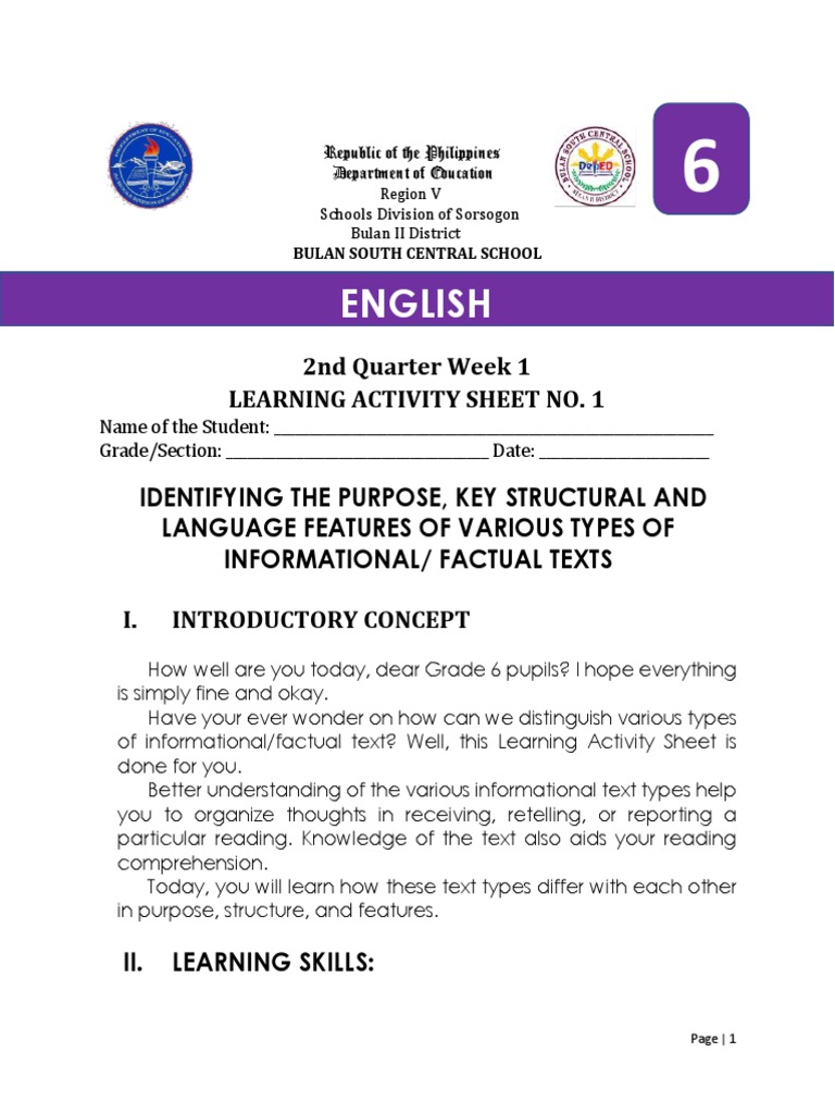 English: 2nd Quarter Week 1 Learning Activity Sheet No. 1 | PDF | Cognition
