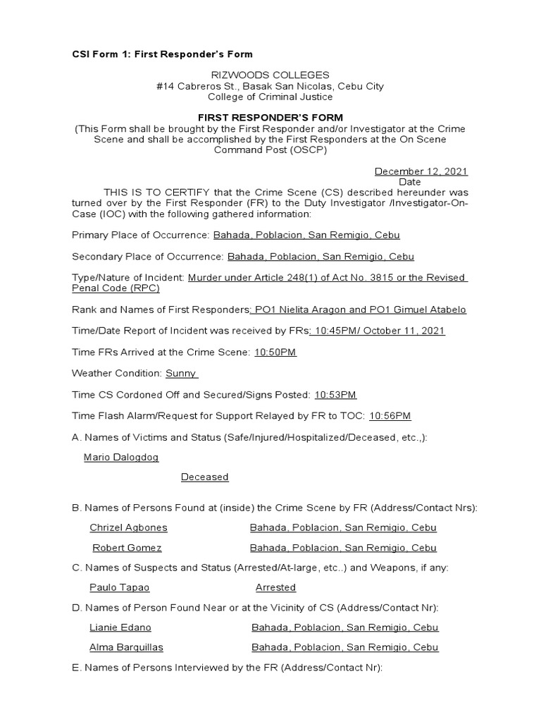 Crime Scene Investigation: First Responders' Report on a Murder Case in ...