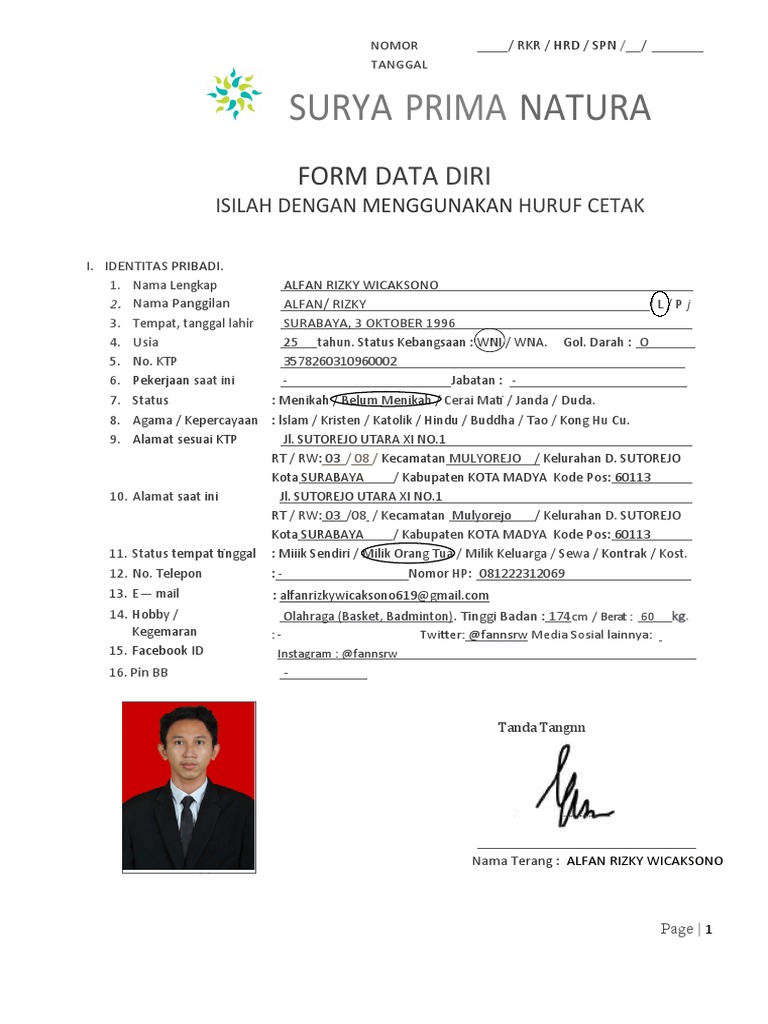 Form Data Diri All - Alfanrizky | PDF