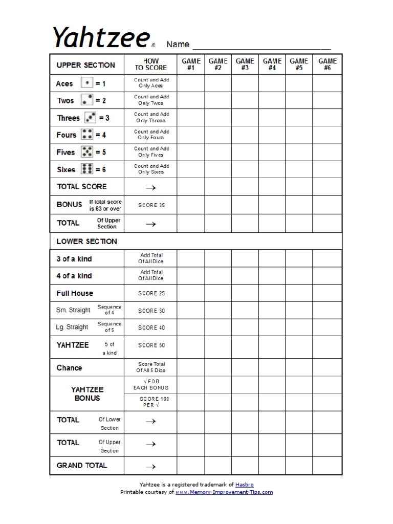 Yahtzee Score Sheet Large | PDF