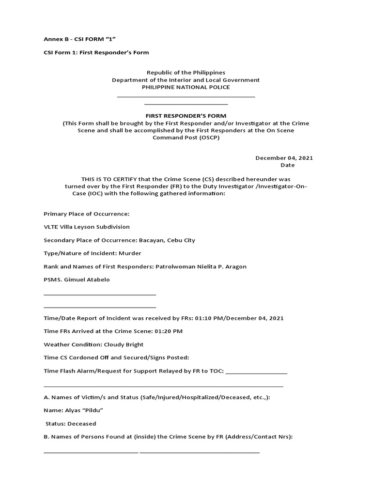 Annex B - CSI FORM "1" CSI Form 1: First Responder's Form | PDF | Crime ...
