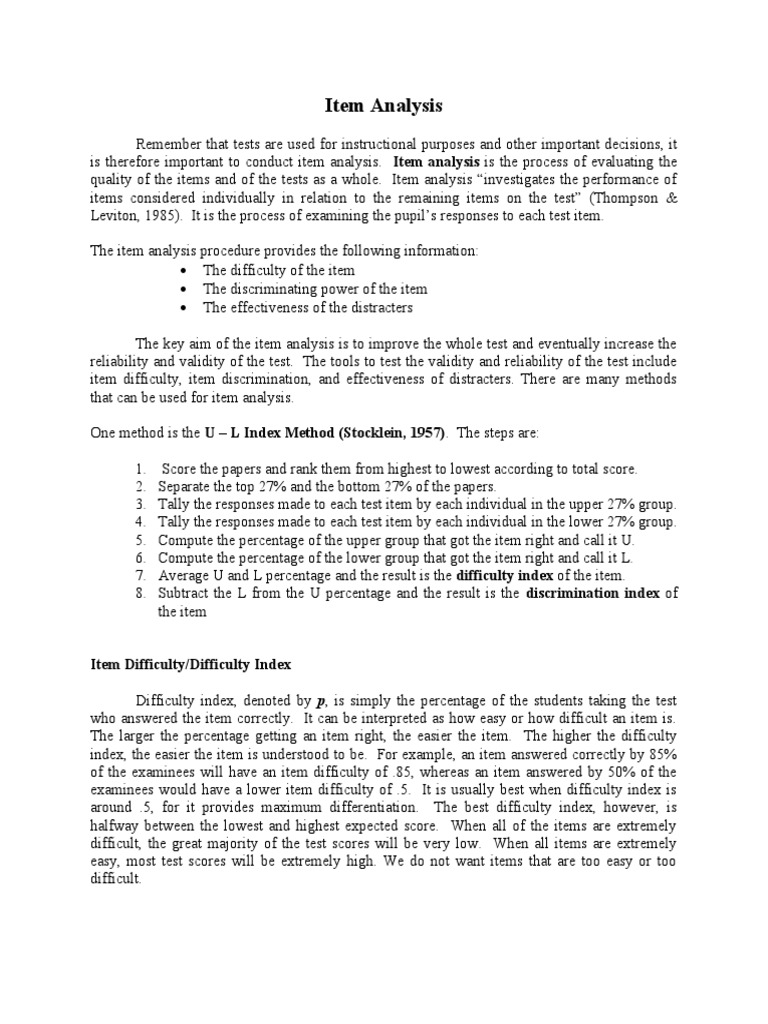 Item Analysis: Item Difficulty/Difficulty Index | PDF | Evaluation ...