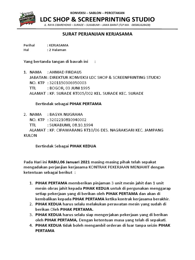 SURAT PERJANJIAN KERJASAMA Jahit | PDF