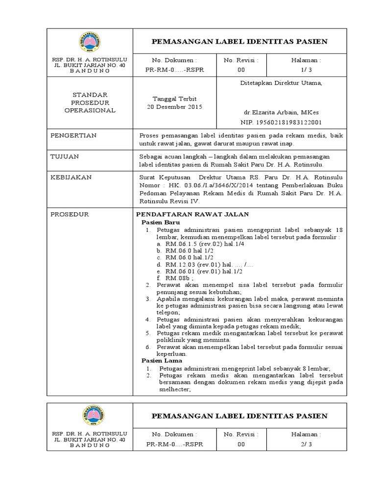 Sop Pemasangan Label Identitas Pasien | PDF