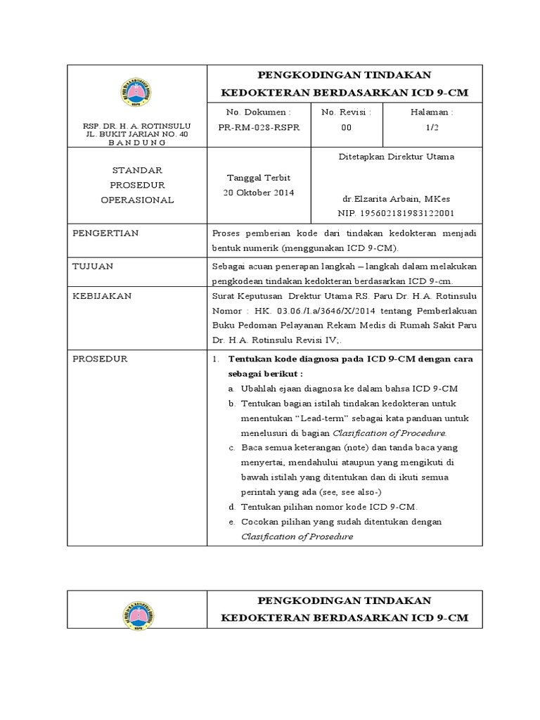Sop Pengkodingan Tindakan Kedokeran Berdasarkan ICD IX CM (Rev.00) | PDF
