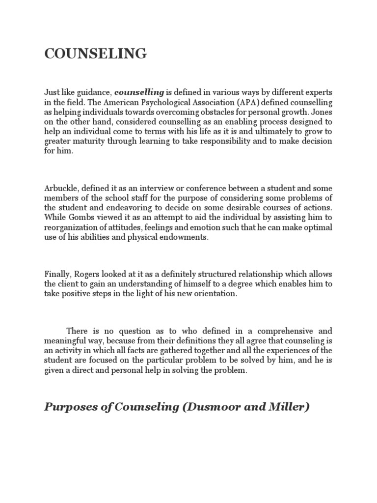 Counseling: Purposes of Counseling (Dusmoor and Miller) | PDF ...