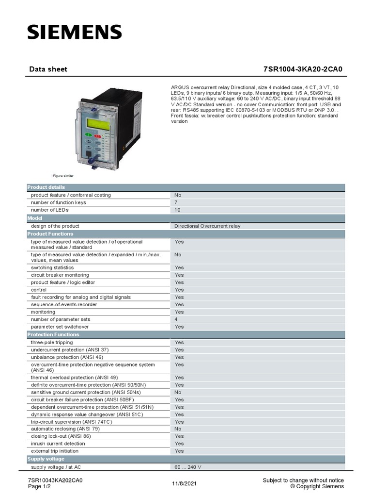 Data Sheet 7SR1004-3KA20-2CA0: Product Details | PDF | Electronic ...