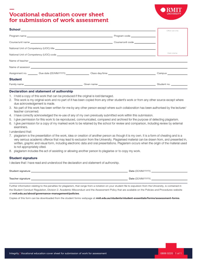 Ve Assessment Cover Sheet | PDF | Plagiarism | Academia