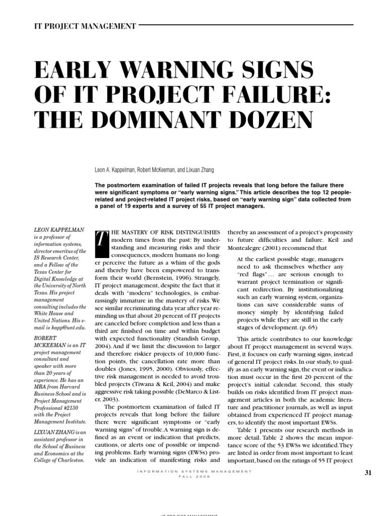 Early Warning Signs of It Project Failure: The Dominant Dozen | PDF ...