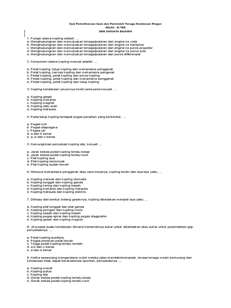 Soal Pemeliharaan Sasis Dan Pemindah Tenaga Kendaraan Ringan | PDF | Teknologi & Rekayasa