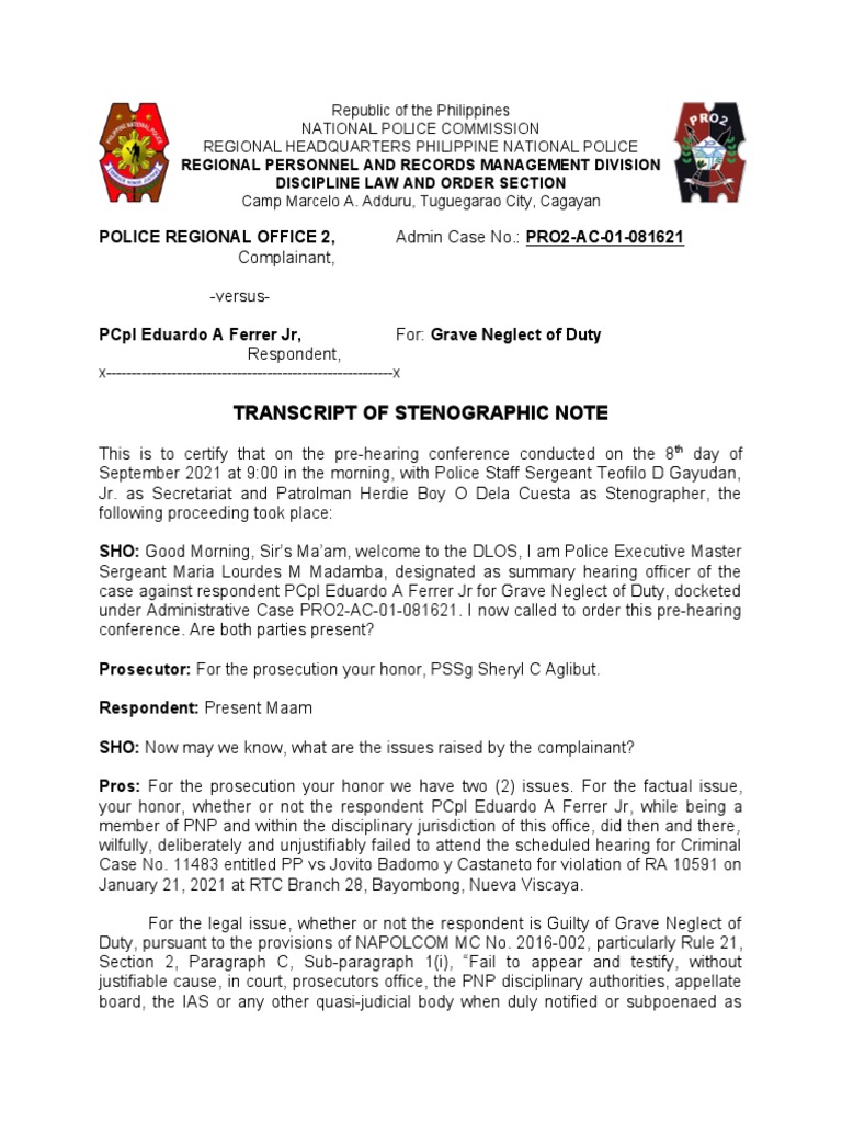 Transcript of Stenographic Note: Regional Personnel and Records ...