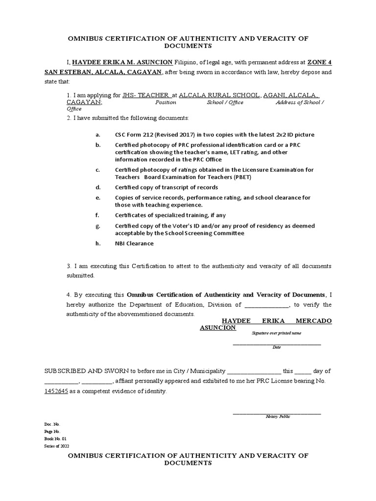 Omnibus Certification of Authenticity and Veracity of Documents | Download Free PDF ...