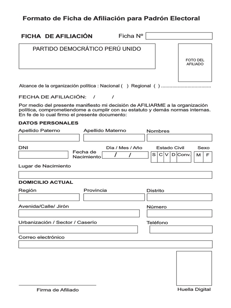 Ficha Oficial de Afiliación para Padron Electoral | PDF