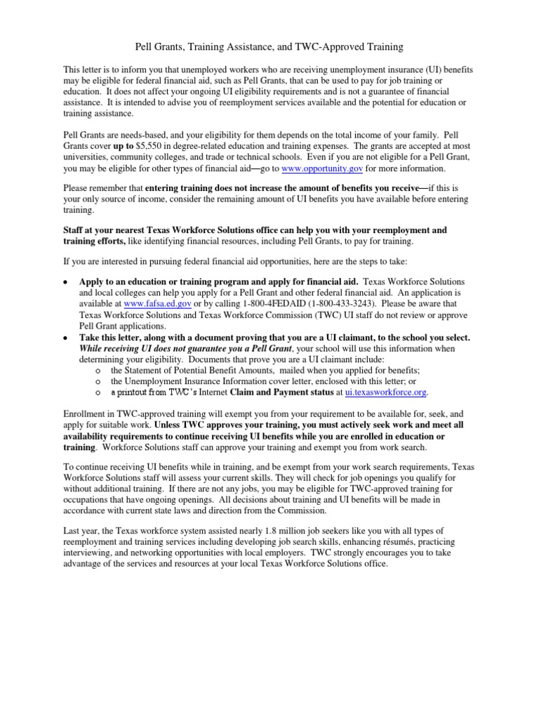 Pell Grants, Training Assistance, and TWC-Approved Training: WWW ...