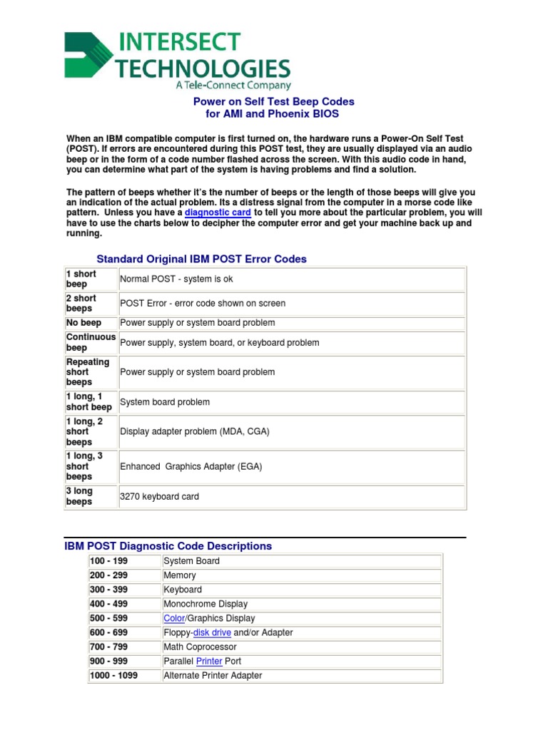 Power On Self Test Beep Codes | PDF | Bios | Classes Of Computers